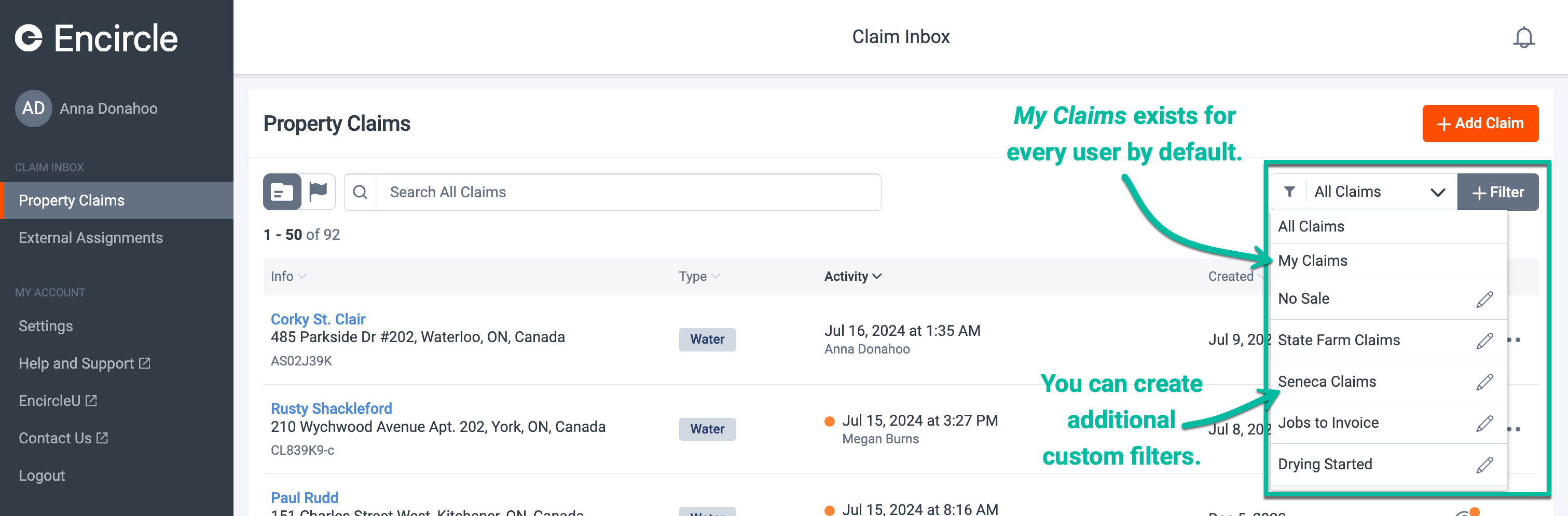 Adding Filters to the Claim Inbox – Encircle
